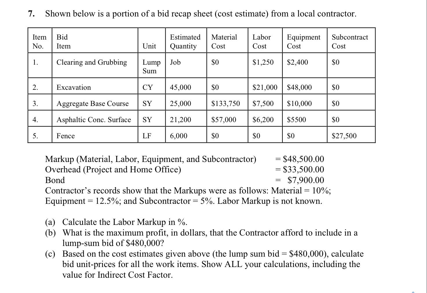 Solved 7. Shown below is a portion of a bid recap sheet | Chegg.com