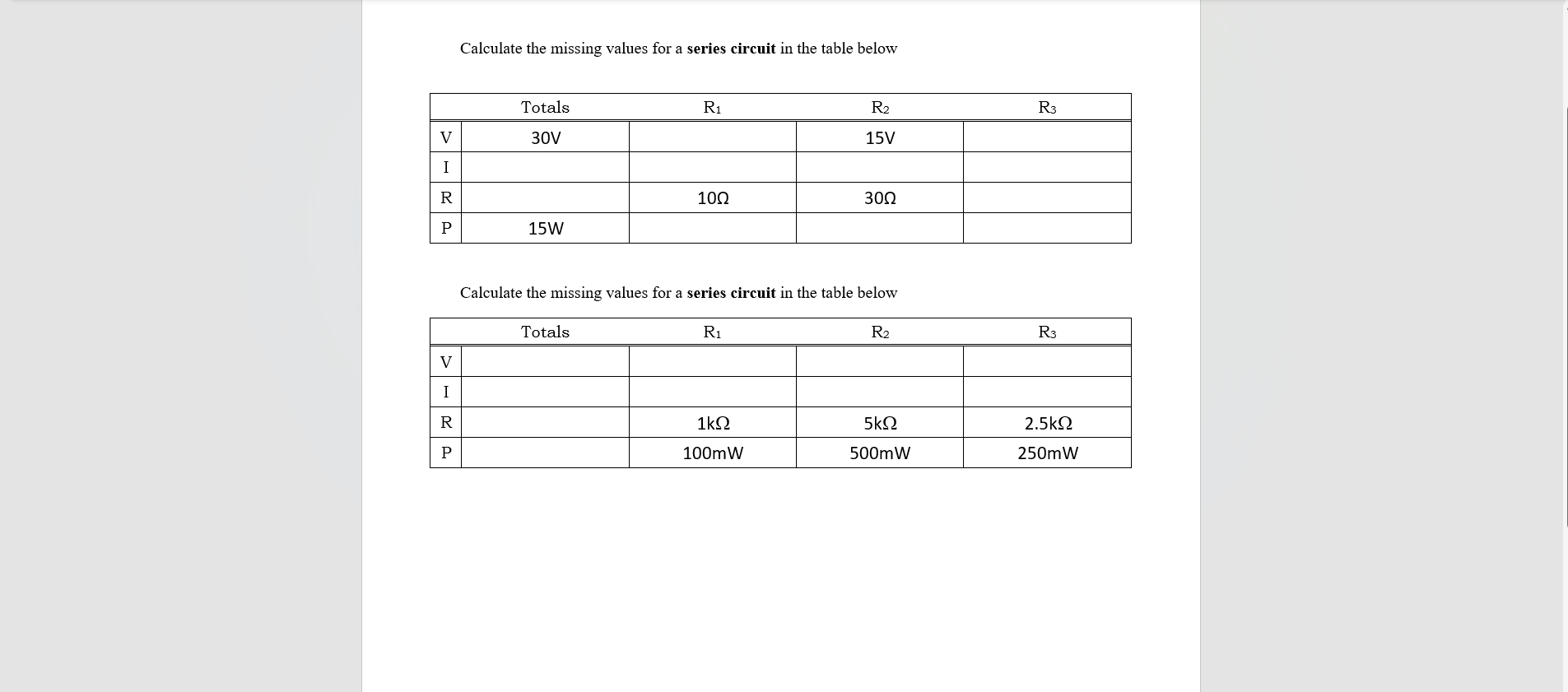 Solved Calculate the missing values for a series circuit in | Chegg.com