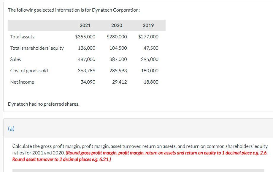 Solved The following selected information is for Dynatech | Chegg.com