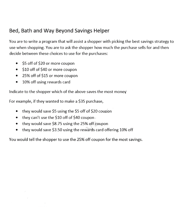 Solved Bed, Bath and Way Beyond Savings Helper You are to | Chegg.com