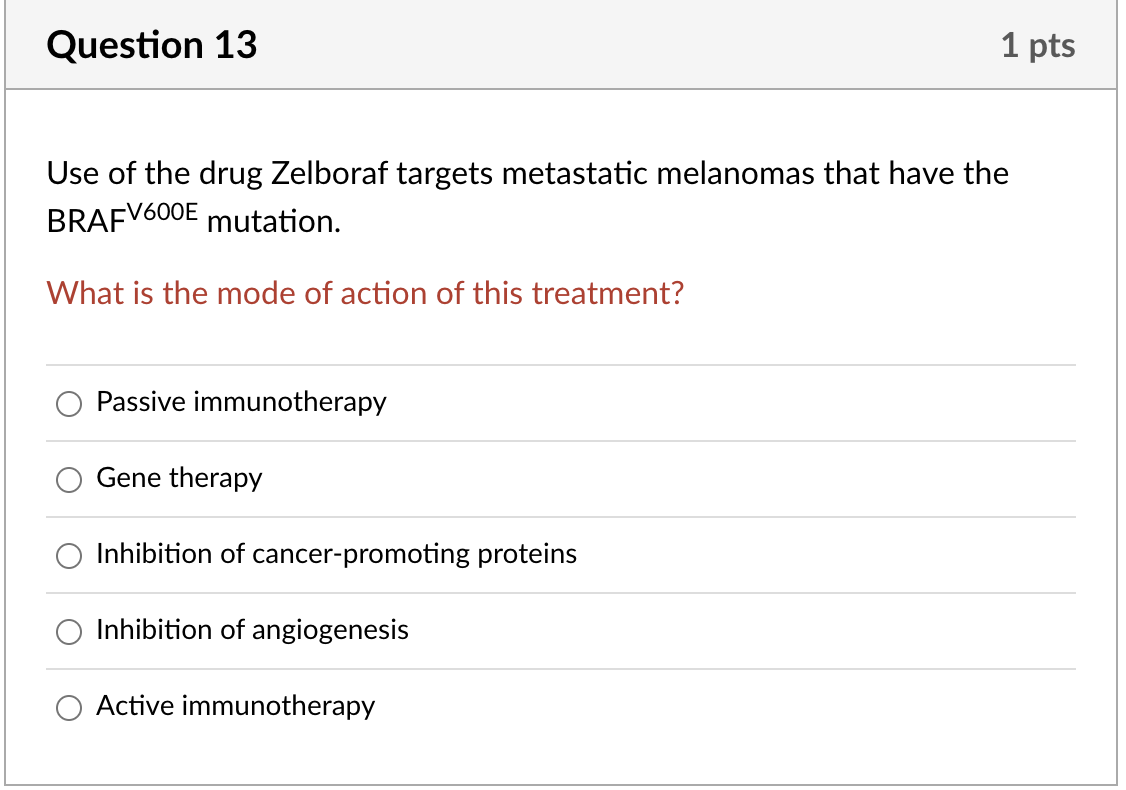 Solved Question 13 1 pts Use of the drug Zelboraf targets | Chegg.com