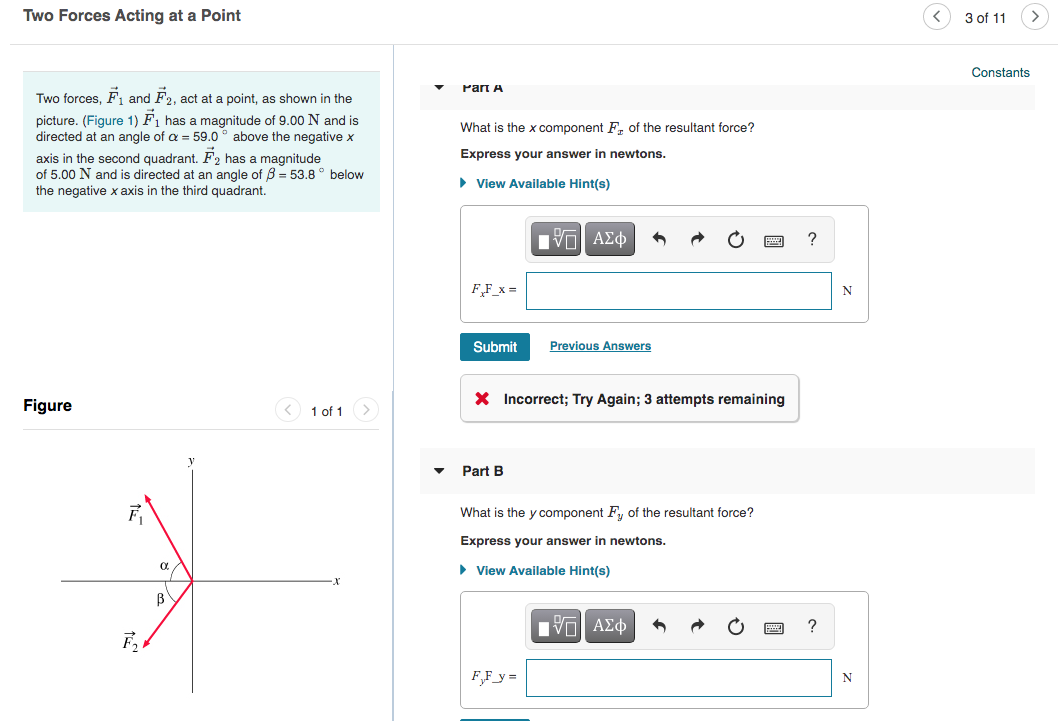 Solved Two Forces Acting at a Point 3 of 11 Constants Part A | Chegg.com