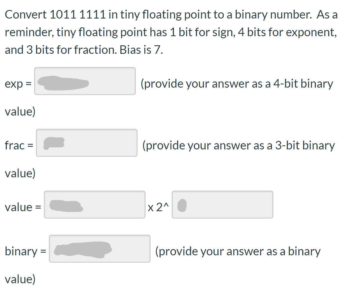 Solved Convert 1011 1111 in tiny floating point to a binary | Chegg.com