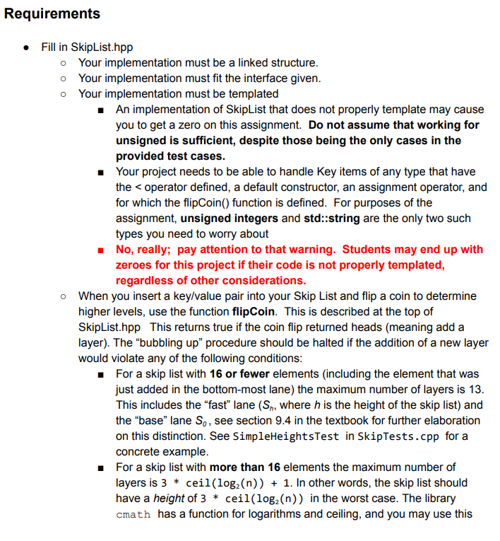 Iirements Fill in SkipList.hpp Your implementation | Chegg.com