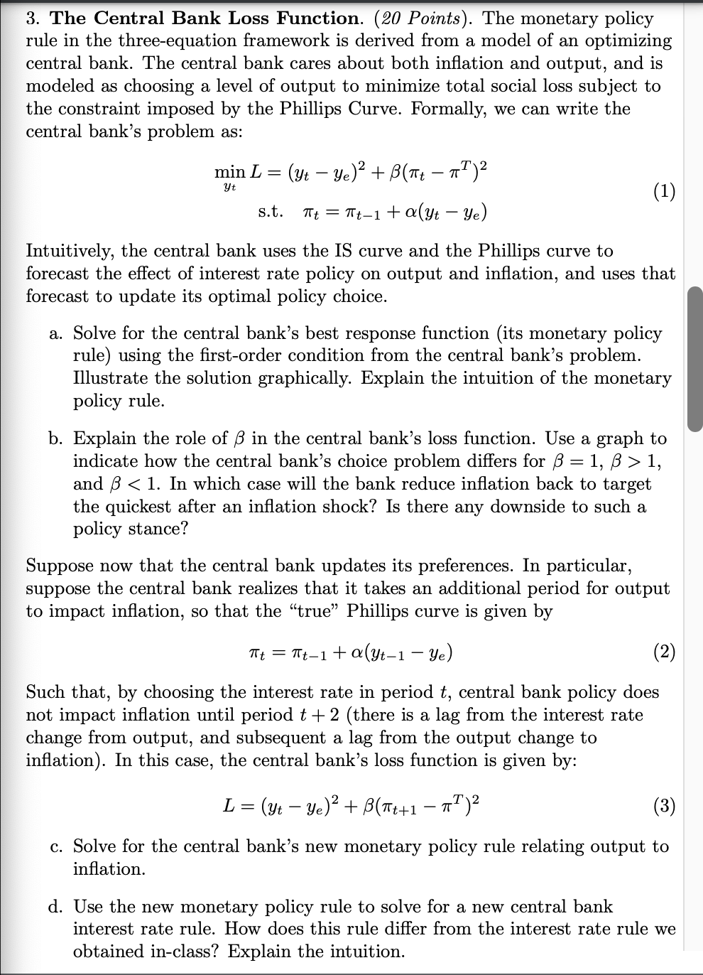 Solved 3. The Central Bank Loss Function. (20 Points). The | Chegg.com