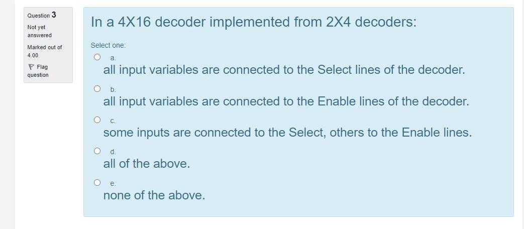 Solved Question 3 Not yet answered In a 4X16 decoder | Chegg.com