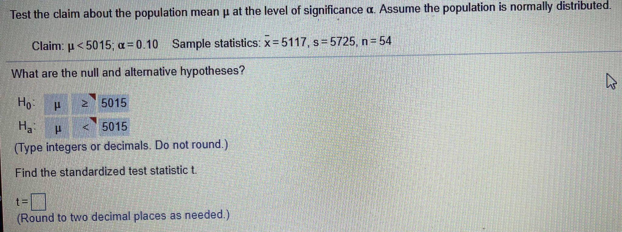Solved Test the claim about the population mean p at the | Chegg.com