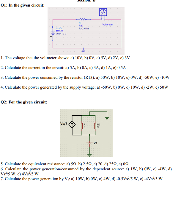 Solved Q1: In the given circuit: R. R13 R 2 Ohm Voltmeter | Chegg.com