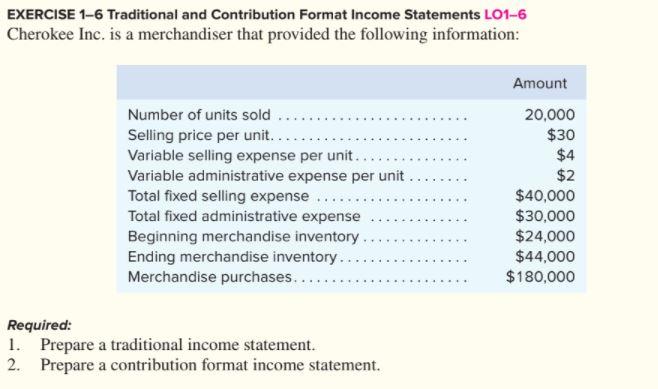 Solved EXERCISE 1-6 Traditional and Contribution Format | Chegg.com