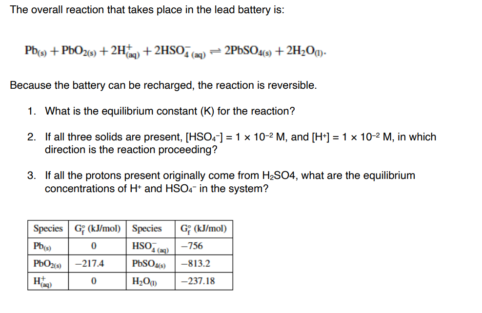 Solved The overall reaction that takes place in the lead | Chegg.com