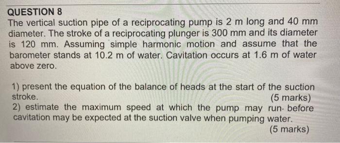 Solved QUESTION 8 The vertical suction pipe of a | Chegg.com
