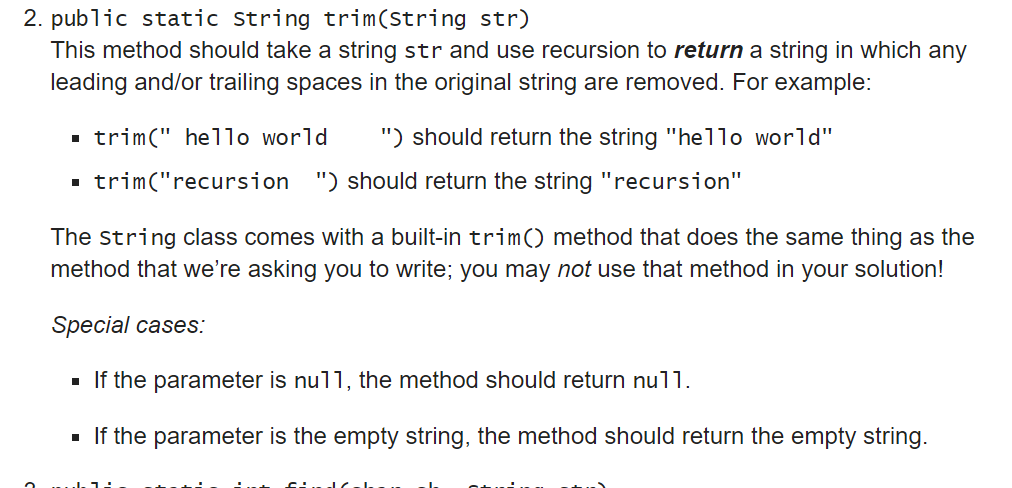Solved 2. public static string trim(String str) This method | Chegg.com