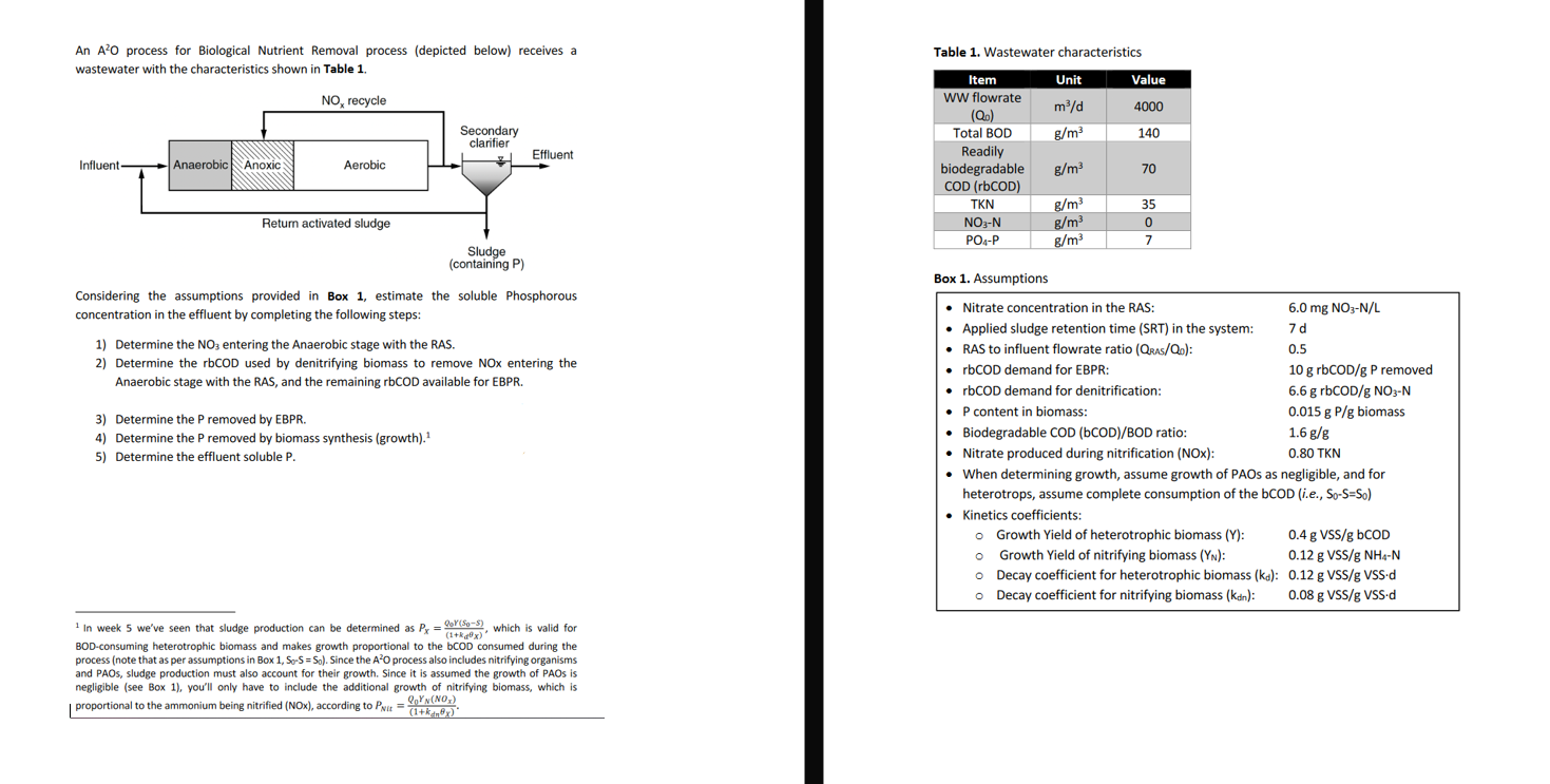 Solved An A2O process for Biological Nutrient Removal | Chegg.com