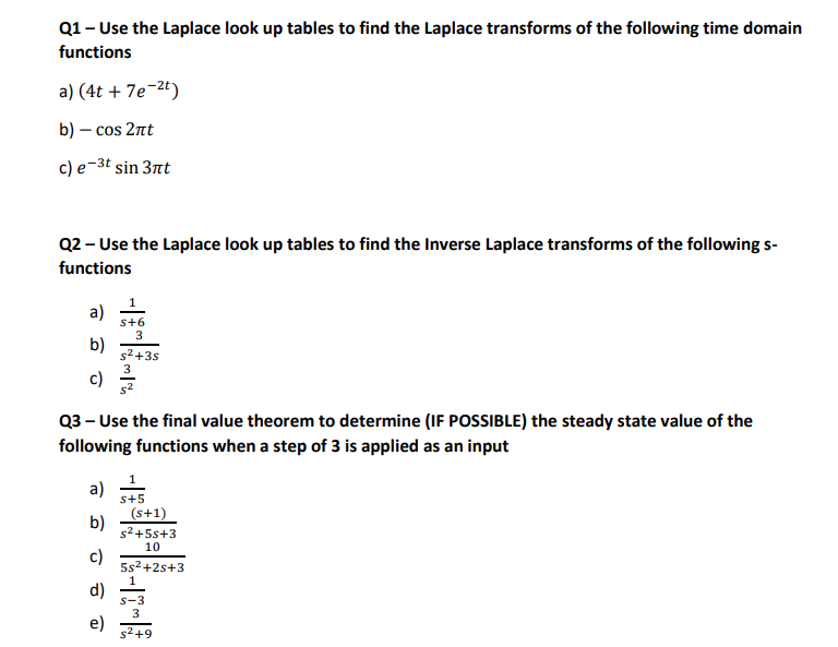 Solved Q1 - Use the Laplace look up tables to find the | Chegg.com