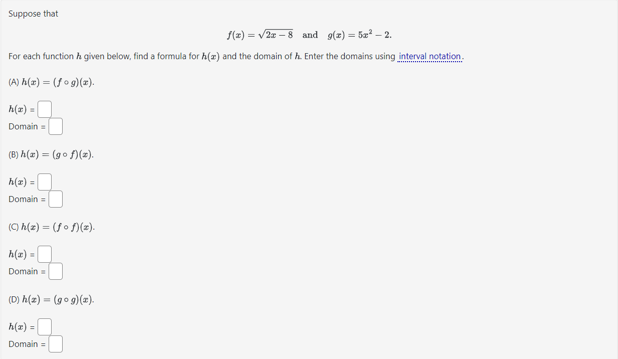 Solved Suppose that f(x)=2x−8 and g(x)=5x2−2. For each | Chegg.com