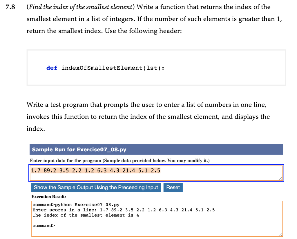 Solved 7.8 (Find the index of the smallest element) Write a | Chegg.com