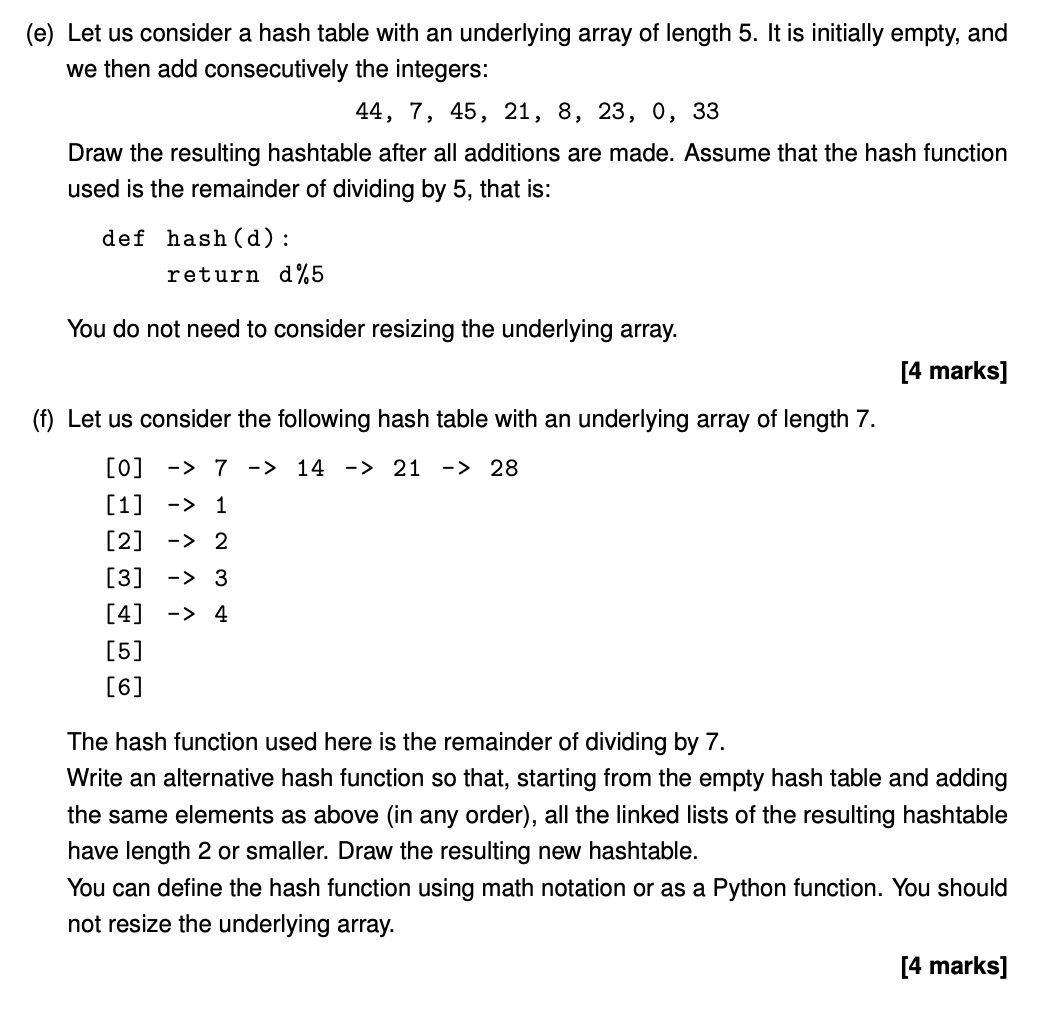 Solved (e) Let us consider a hash table with an underlying | Chegg.com