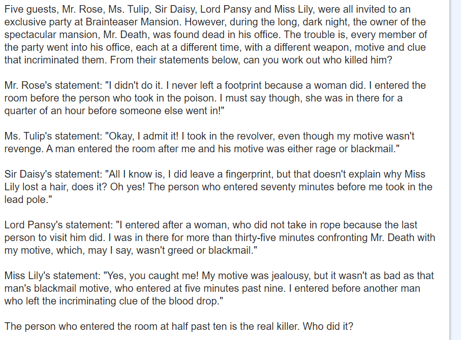 Solved Five guests, Mr. Rose, Ms. Tulip, Sir Daisy, Lord | Chegg.com