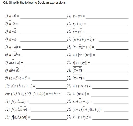 Solved Q1: Simplify the following Boolean expressions 1) | Chegg.com