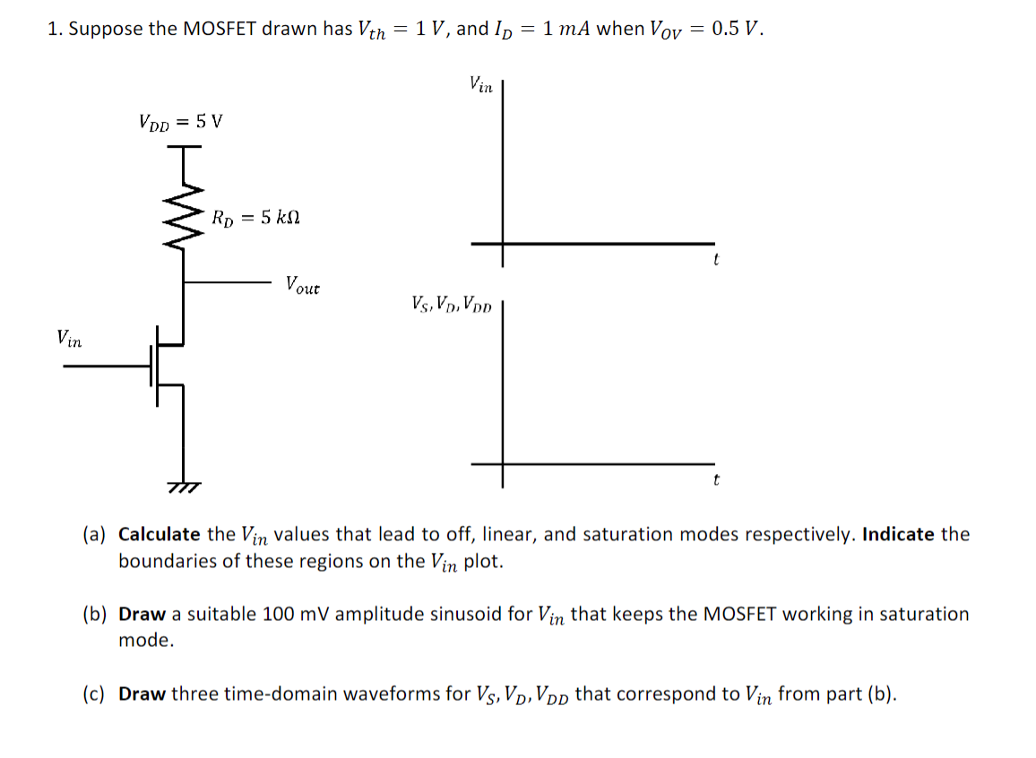 Solved 1. Suppose the MOSFET drawn has Vth=1 V, and ID=1 mA | Chegg.com