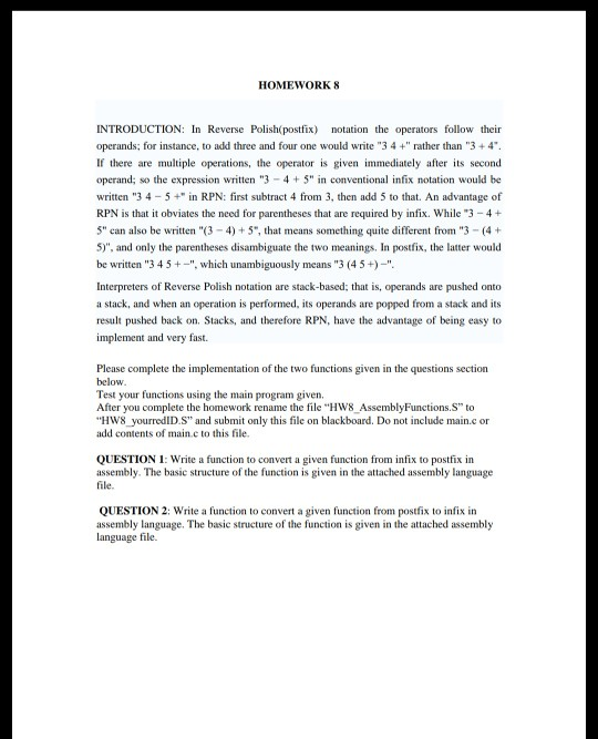 Solved HOMEWORK 8 INTRODUCTION: In Reverse Polish postfix) | Chegg.com