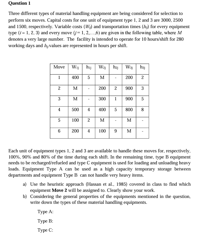 Solved Three different types of material handling equipment | Chegg.com