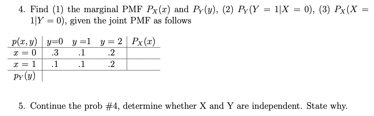 Solved 4. Find (1) the marginal PMF PX(x) and PY(y), (2) | Chegg.com