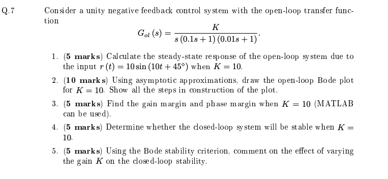 Solved Q.7 Consider a unity negative feedback control system | Chegg.com