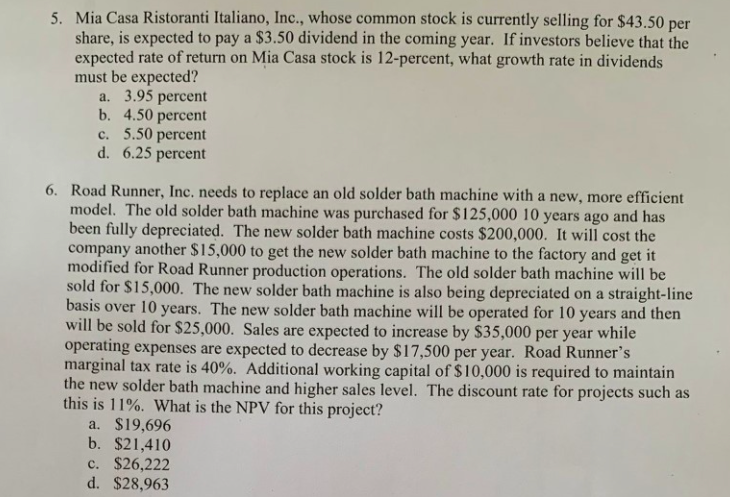 Solved 5. Mia Casa Ristoranti Italiano, Inc., whose common | Chegg.com