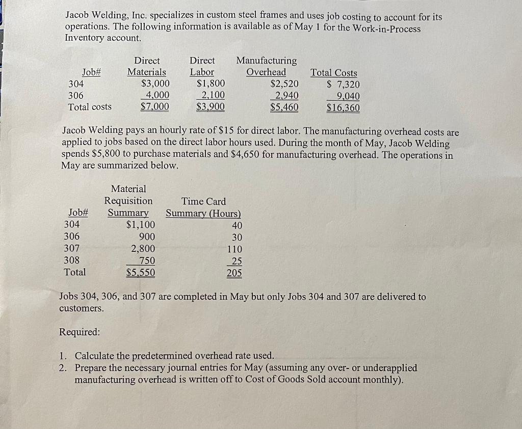 Solved Jacob Welding, Inc. specializes in custom steel | Chegg.com