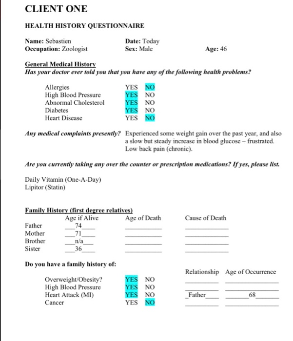 Solved CLIENT ONE HEALTH HISTORY QUESTIONNAIRE Name: | Chegg.com