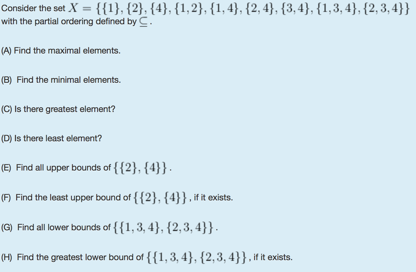 Solved Consider the set X = {{1}, {2}, {4}, {1,2}, {1,4}, | Chegg.com