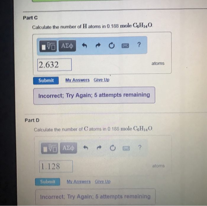 Solved Part C Calculate the number of H atoms in 0.188 mole | Chegg.com