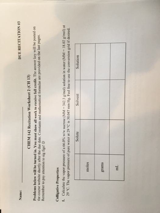 Solved DUE RECITATION #3 Name: CHEM 142 Recitation Worksheet | Chegg.com