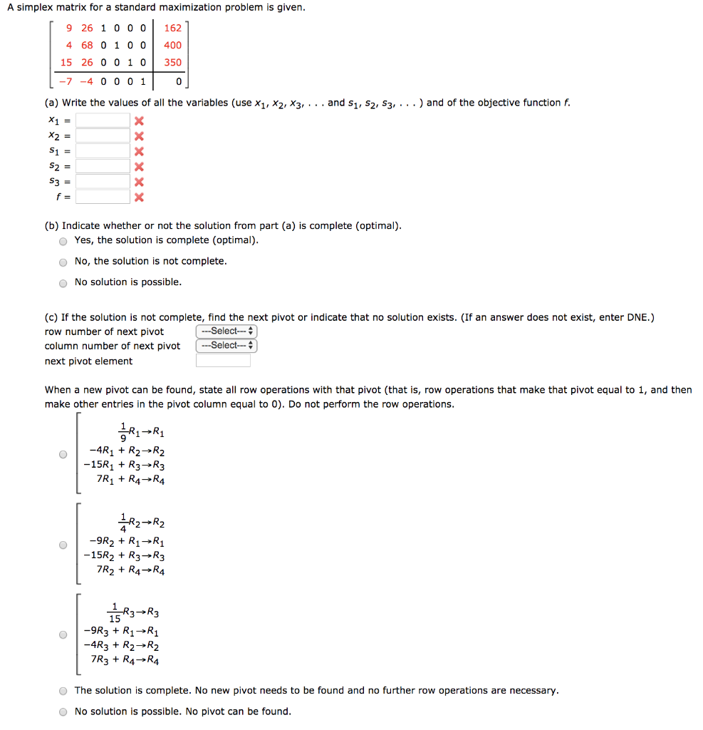 Solved A simplex matrix for a standard maximization problem | Chegg.com