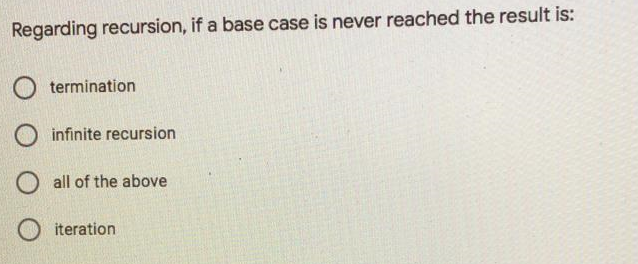 Solved Regarding recursion, if a base case is never reached | Chegg.com