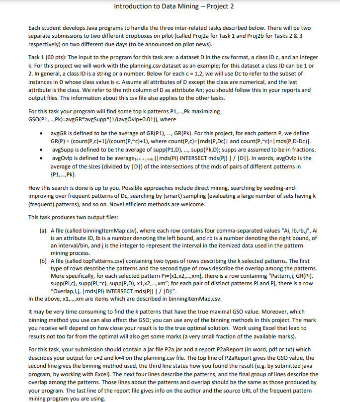 Introduction to Data Mining -- Project 2 Each student | Chegg.com