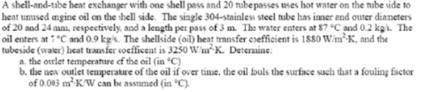Solved A shell-and-tube heat exchanger with one shell pass | Chegg.com