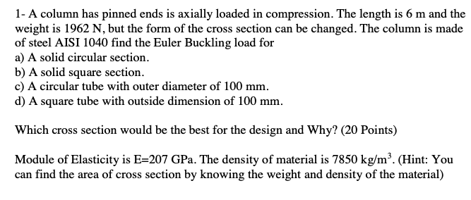 Solved 1- A column has pinned ends is axially loaded in | Chegg.com