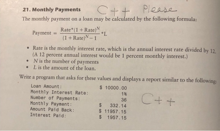 Solved C+ Pleasa 21. Monthly Payments The monthly payment on | Chegg.com