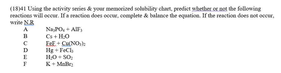 Solved (18)41 Using the activity series \& your memorized | Chegg.com