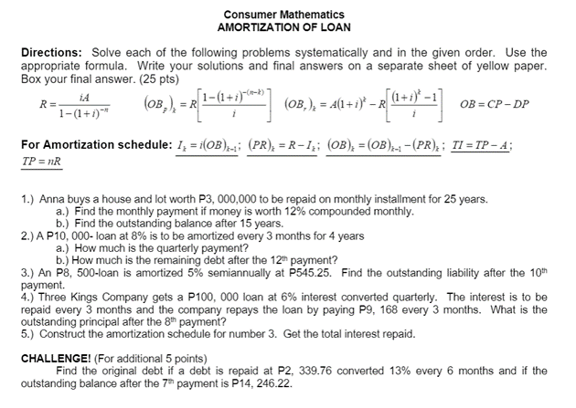 Solved Consumer Mathematics AMORTIZATION OF LOAN Directions: | Chegg.com