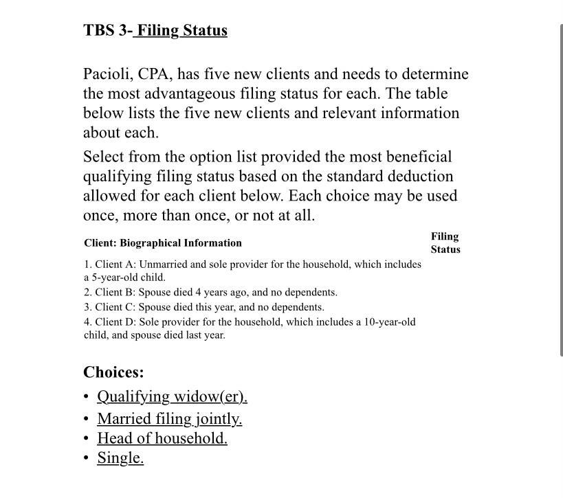Solved TBS 3- Filing Status Pacioli, CPA, has five new | Chegg.com
