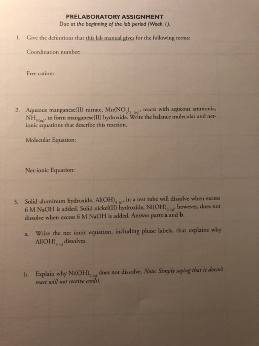Solved PRELABORATORY ASSIGNMENT Due at the beginning of the | Chegg.com
