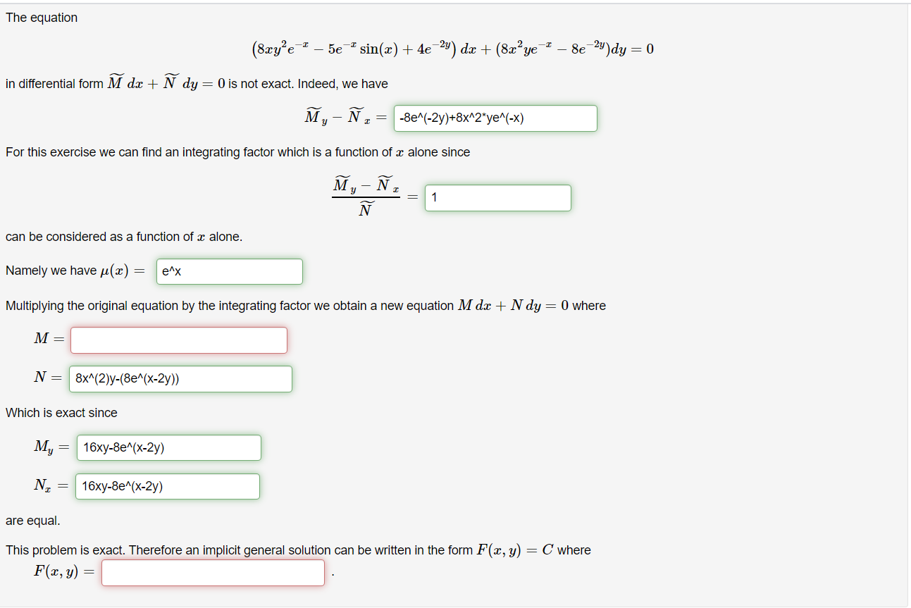 Solved The equation (8xy?e=" – 5e * sin(x) + 4e-2y) dx + | Chegg.com