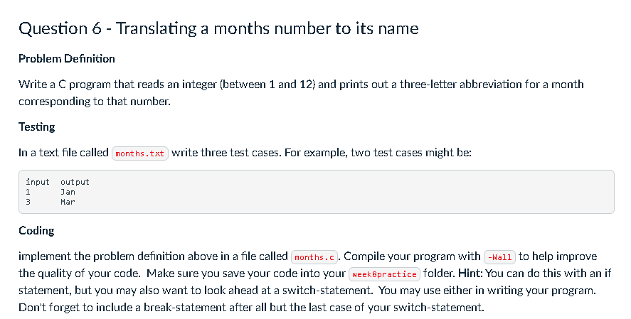 Solved Question 6 - Translating a months number to its name | Chegg.com