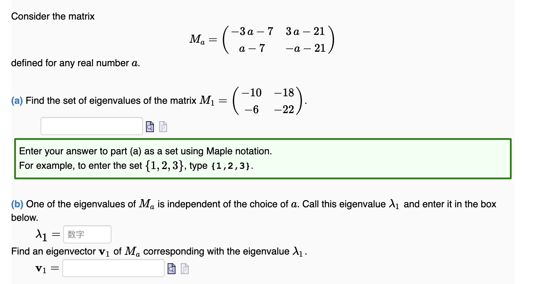 Solved Consider the matrix Ma=(−3a−7a−73a−21−a−21) defined | Chegg.com