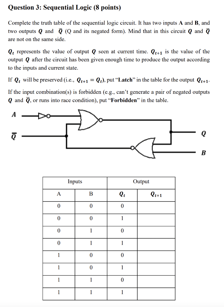 Solved Question 3: Sequential Logic (8 points) Complete the | Chegg.com