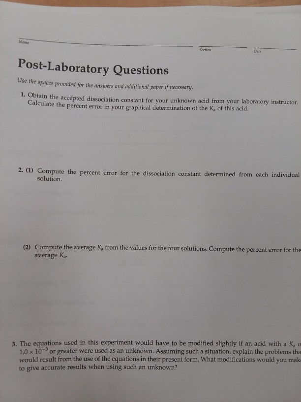 Name Post-Laboratory Questions Use the spaces | Chegg.com