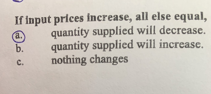 Solved If input prices increase, all else equal quantity | Chegg.com
